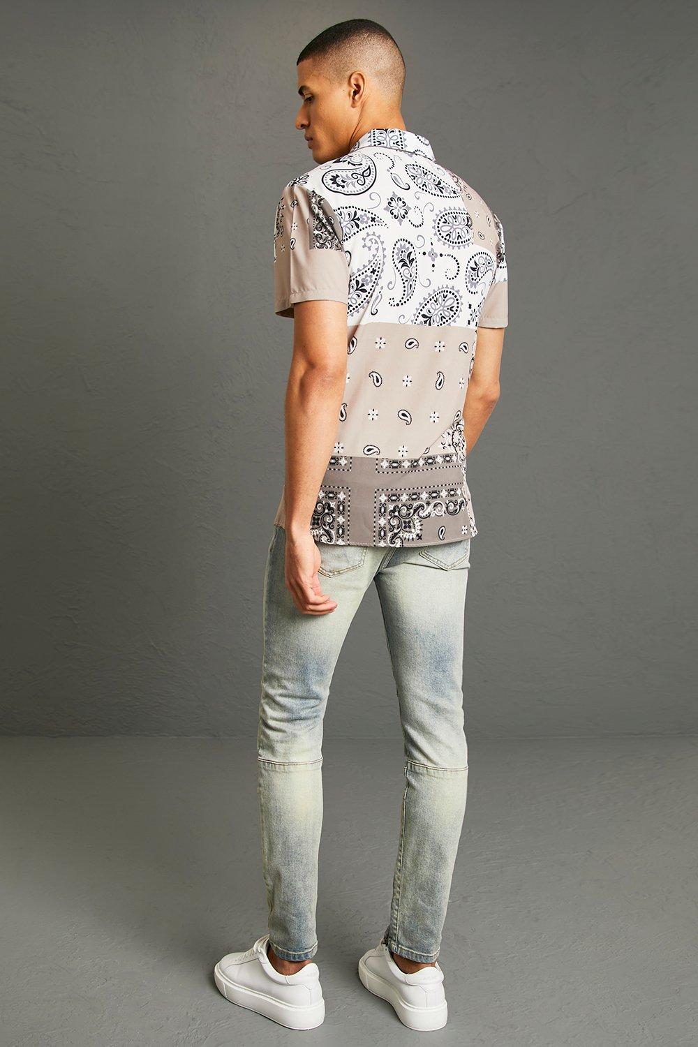 Short Sleeve Muscle Bandana Patchwork Shirt | boohoo USA Short Sleeve Muscle Bandana Patchwork Shirt | boohoo USA