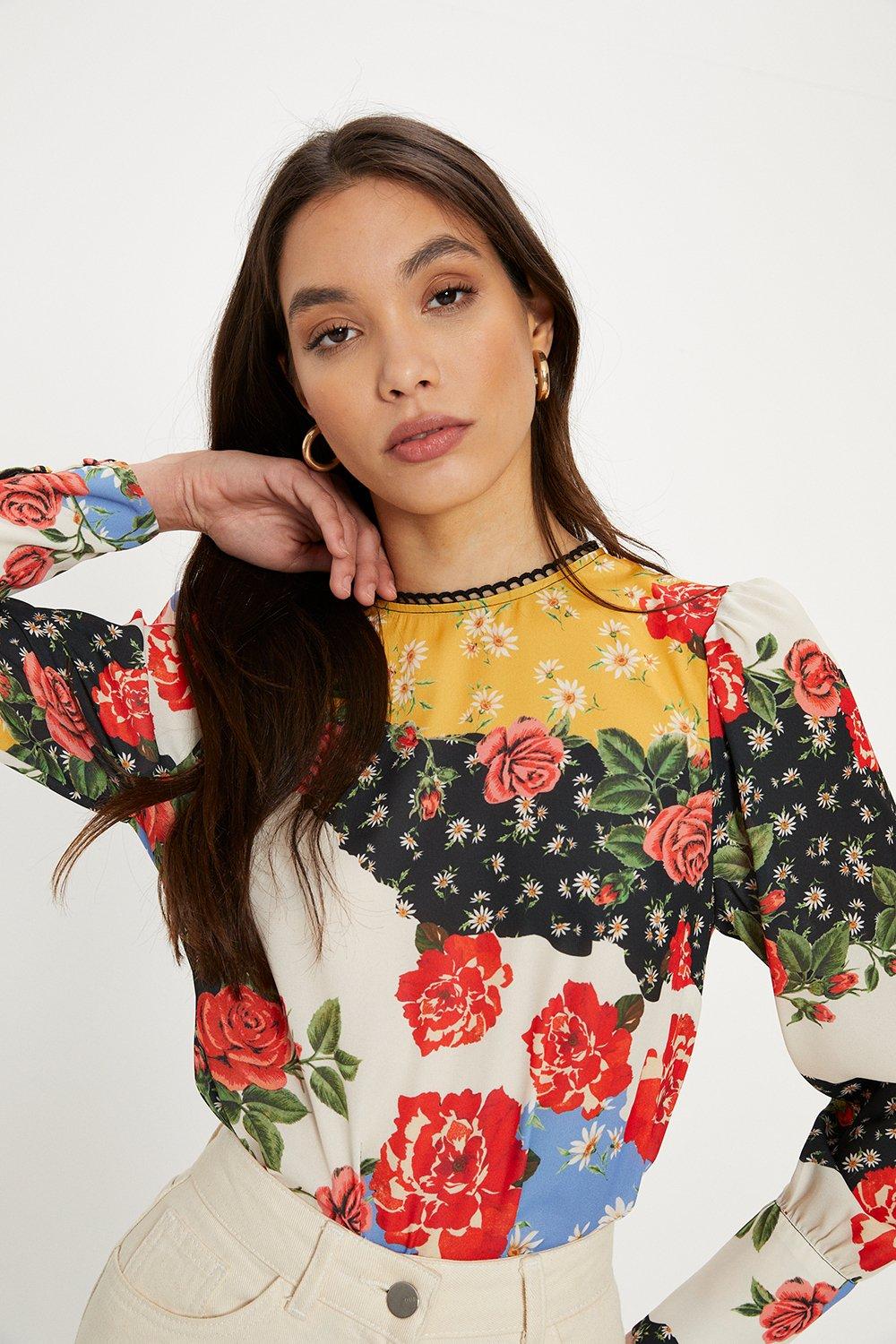Tops Lace Trim Long Sleeve Floral Print Blouse Oasis
