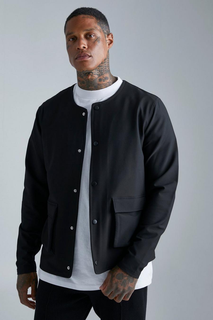 Technical Stretch Collarless Jacket | boohoo NO Technical Stretch Collarless Jacket | boohoo NO