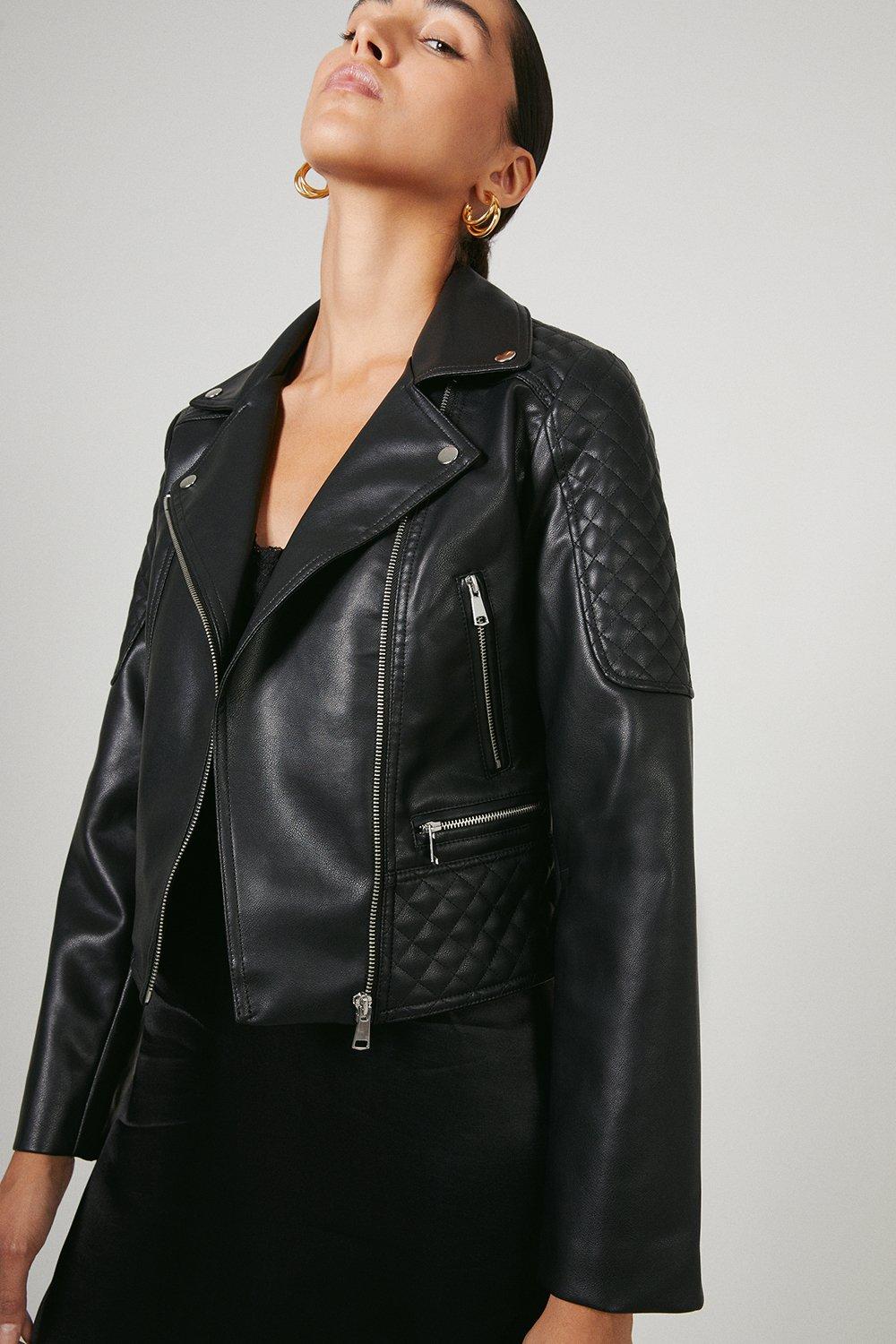 Jackets And Coats Faux Leather Quilted Shoulder Biker Jacket Warehouse