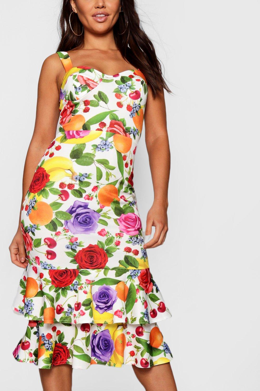 Zoey Floral Fruit Print Frill Hem Midi Dress Zoey Floral Fruit Print Frill Hem Midi Dress