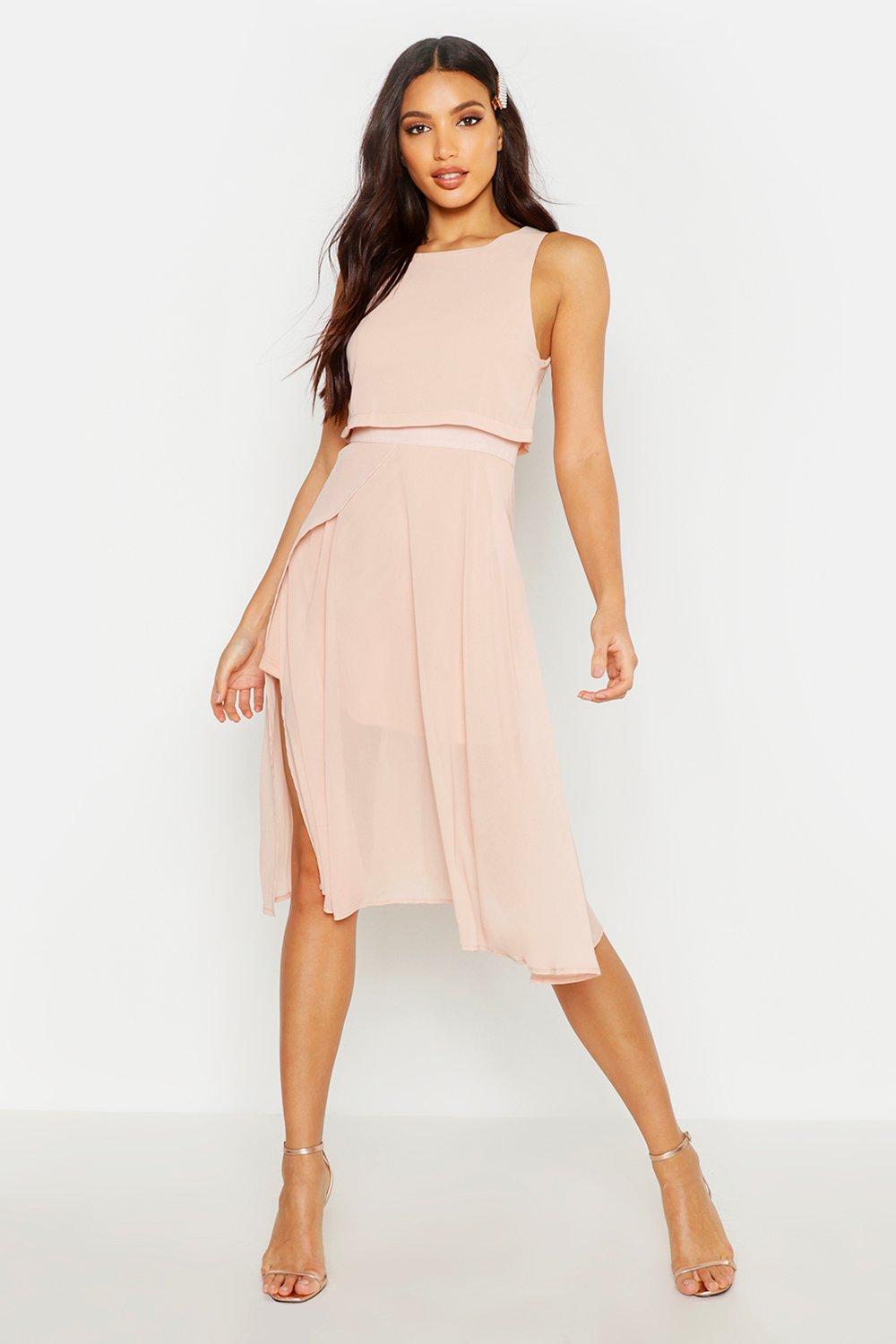 Chiffon Layered Midi Skater Bridesmaid Dress Boohoo Uk