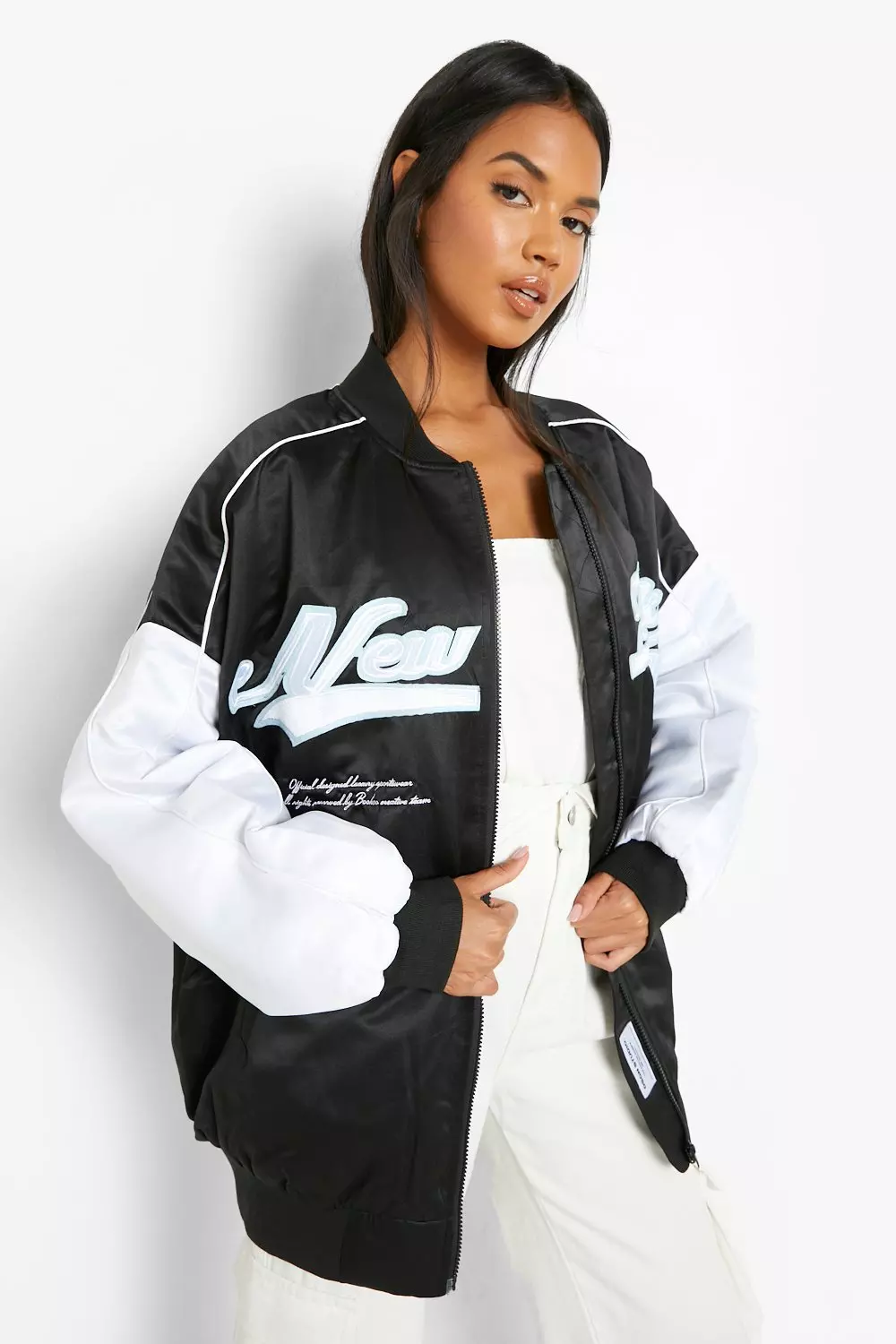 Black Varsity Letterman Jacket With White Crop Top And Sweatpants With