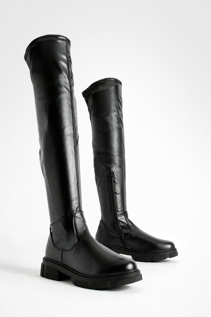 Wide Width Stretch Pu Knee High Boots | boohoo USA Wide Width Stretch Pu Knee High Boots | boohoo USA