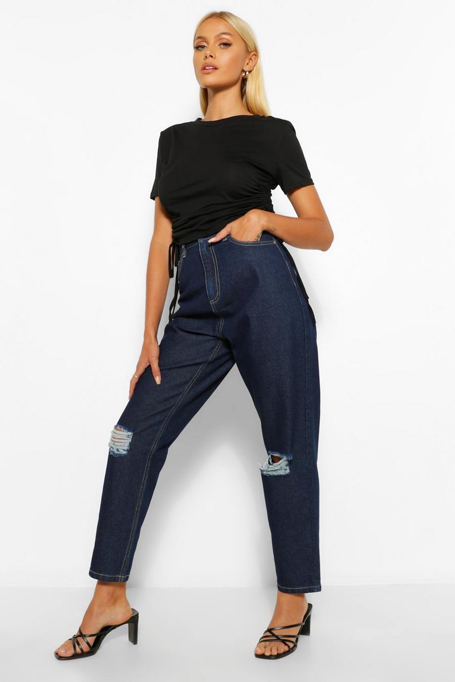 Basics Mid Rise Distressed Mom Jeans | boohoo Basics Mid Rise Distressed Mom Jeans | boohoo