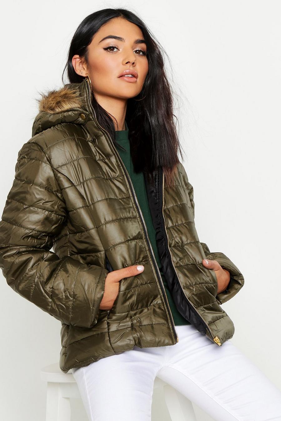 Faux Fur Hooded Cire Panelled Jacket Faux Fur Hooded Cire Panelled Jacket