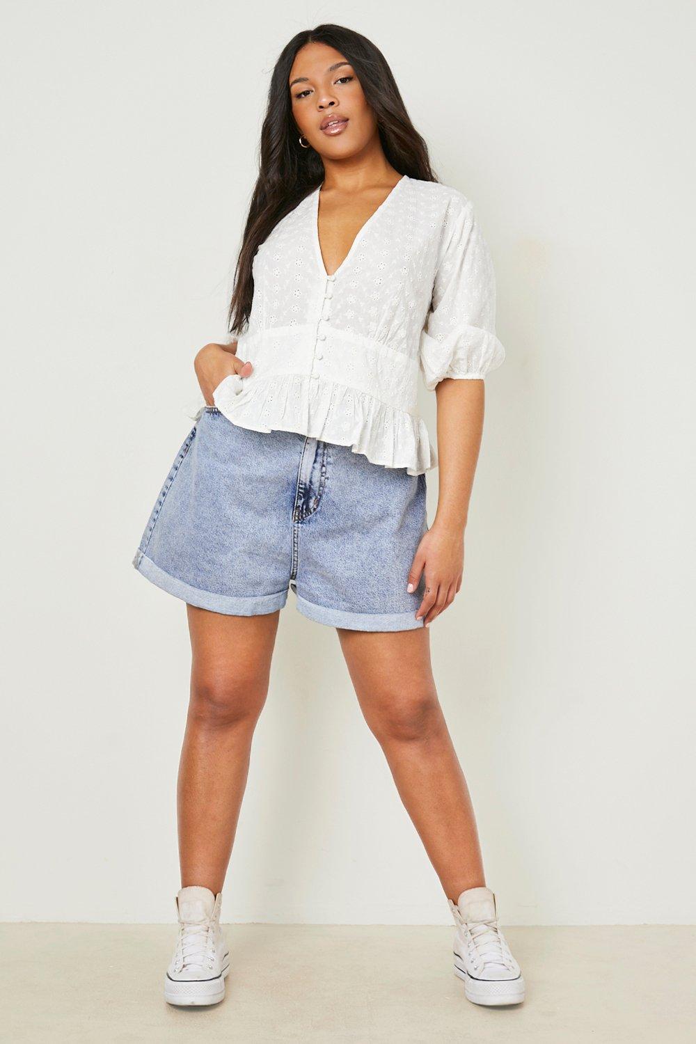 Plus Eyelet Button Down Peplum Top | boohoo USA Plus Eyelet Button Down Peplum Top | boohoo USA