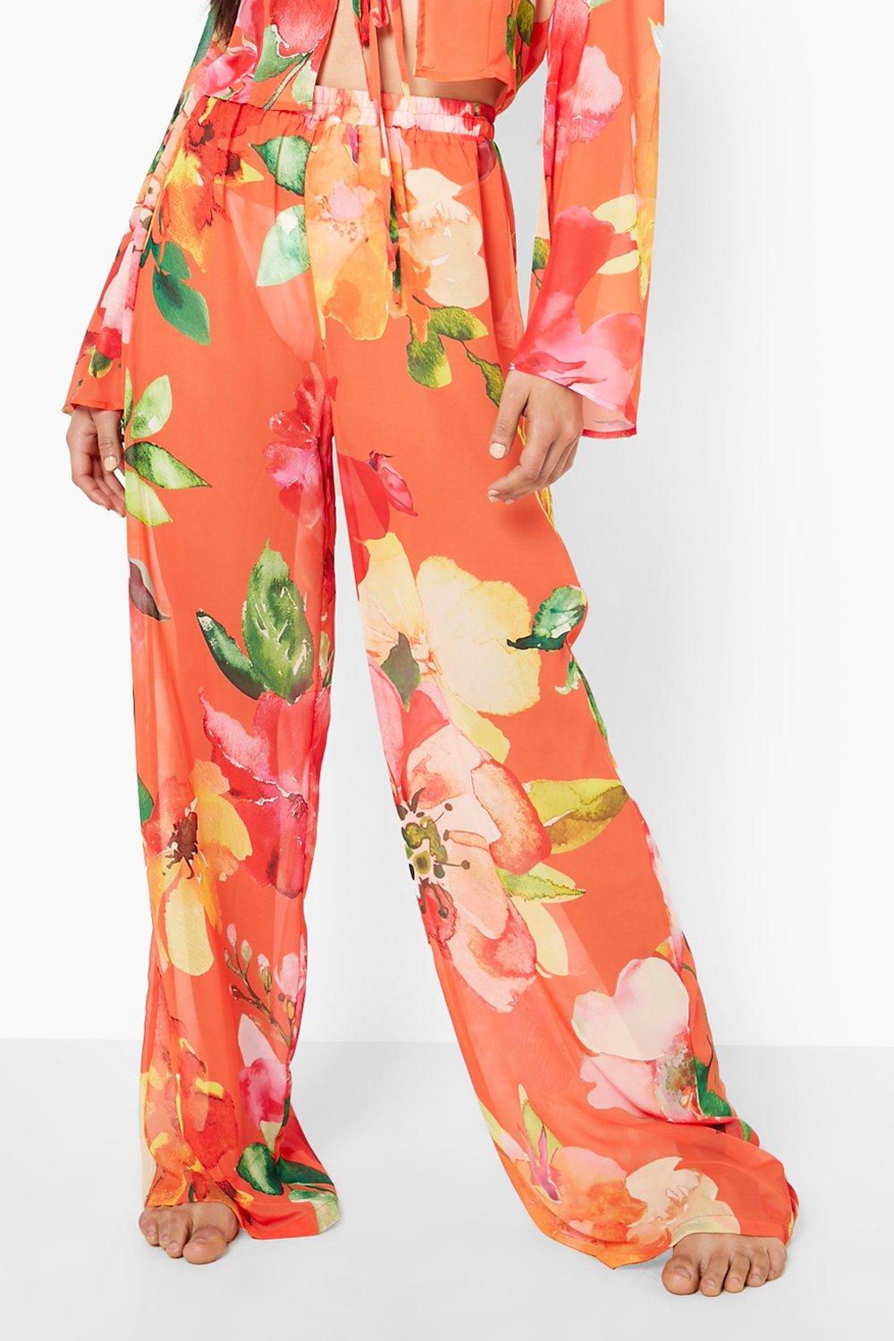 Floral Flowing Wide Leg Beach Pants boohoo USA