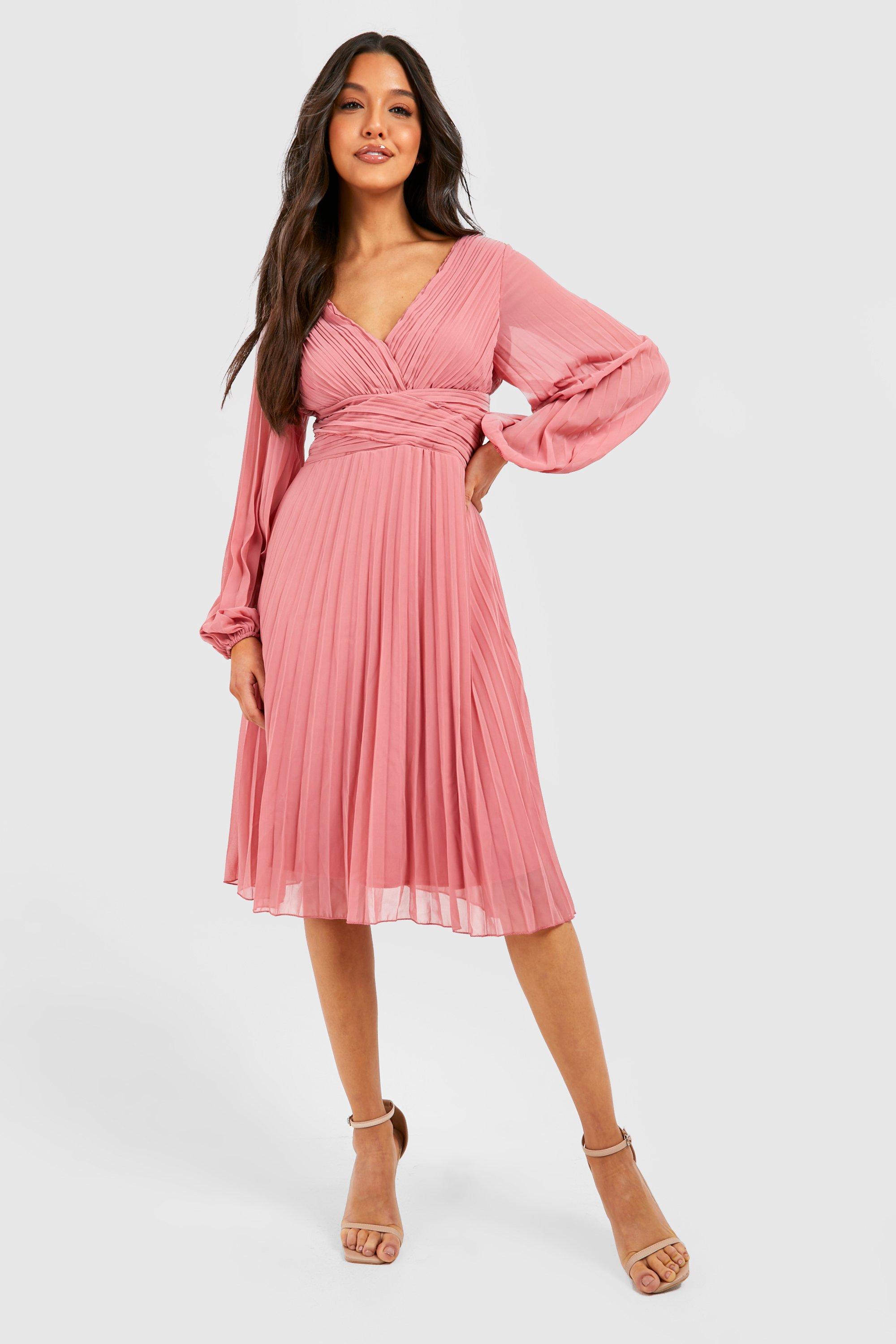 Asos Pleated Midi Dress With Ruched Waist Detail In Purple