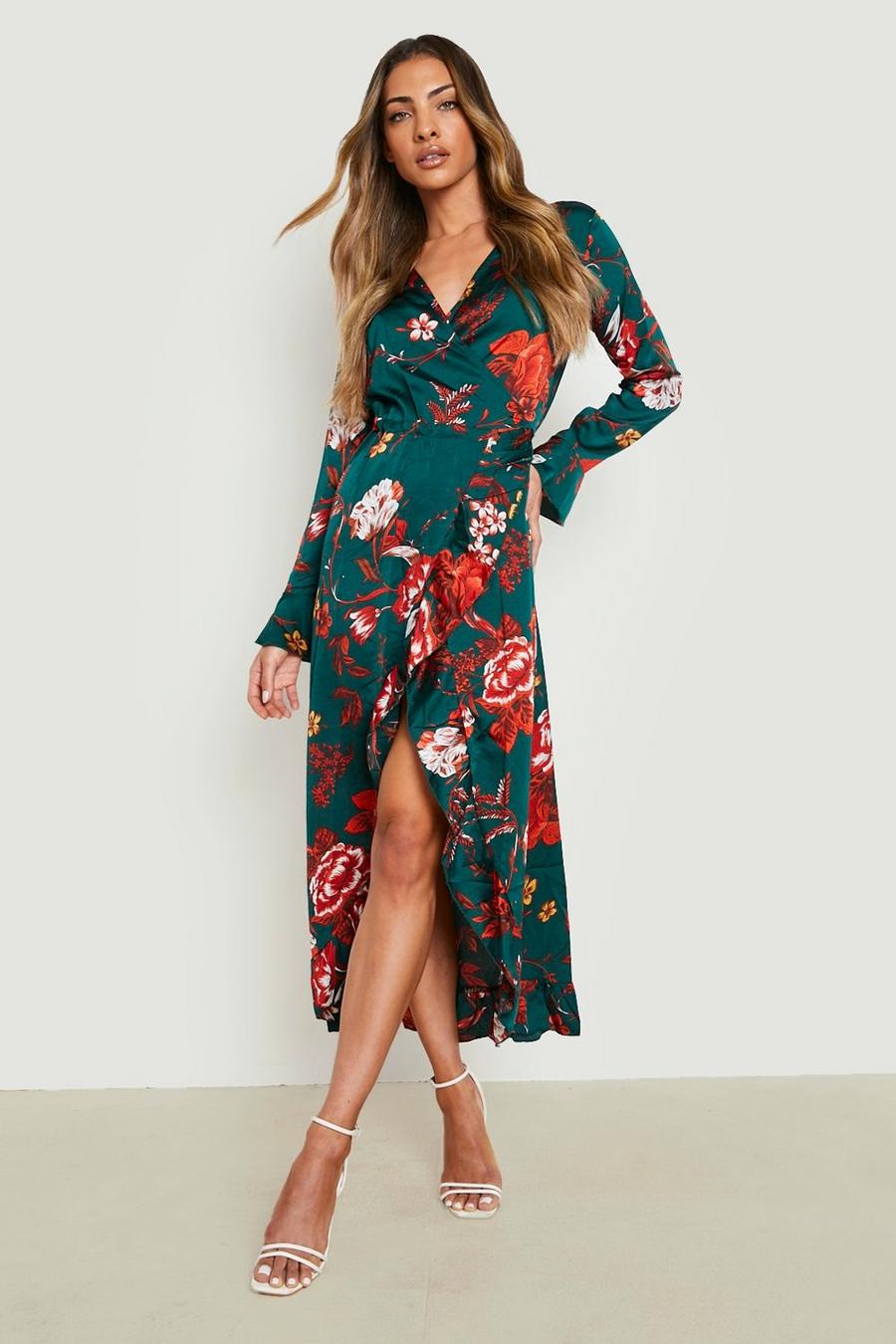 Satin Floral Ruffle Wrap Midi Dress | boohoo Satin Floral Ruffle Wrap Midi Dress | boohoo