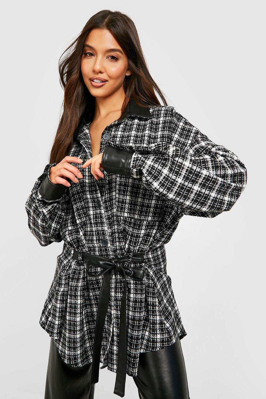 Faux Leather Trim Boucle Shacket | boohoo USA Faux Leather Trim Boucle Shacket | boohoo USA