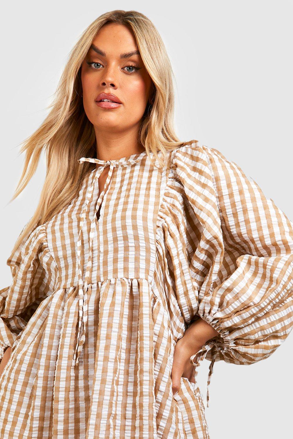 Plus Gingham Textured Blouse Sleeve Smock Dress | boohoo USA Plus Gingham Textured Blouse Sleeve Smock Dress | boohoo USA