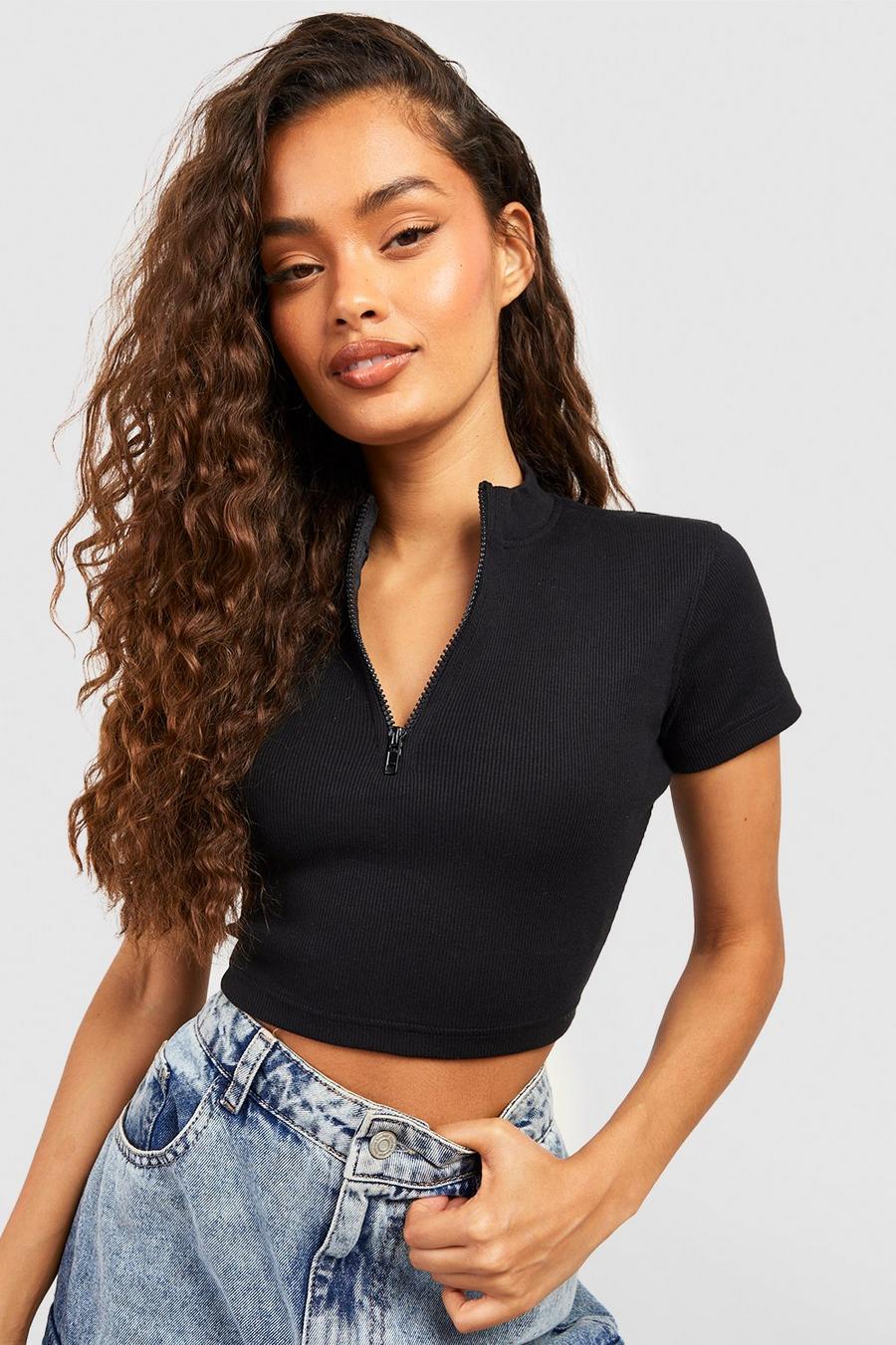Rib Half Zip Crop Top | boohoo USA Rib Half Zip Crop Top | boohoo USA