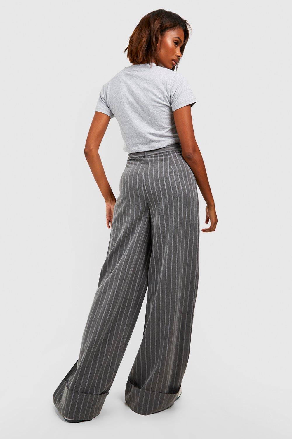 Premium Pinstripe Wide Leg Turn Cuff Tailored Trousers | boohoo Premium Pinstripe Wide Leg Turn Cuff Tailored Trousers | boohoo