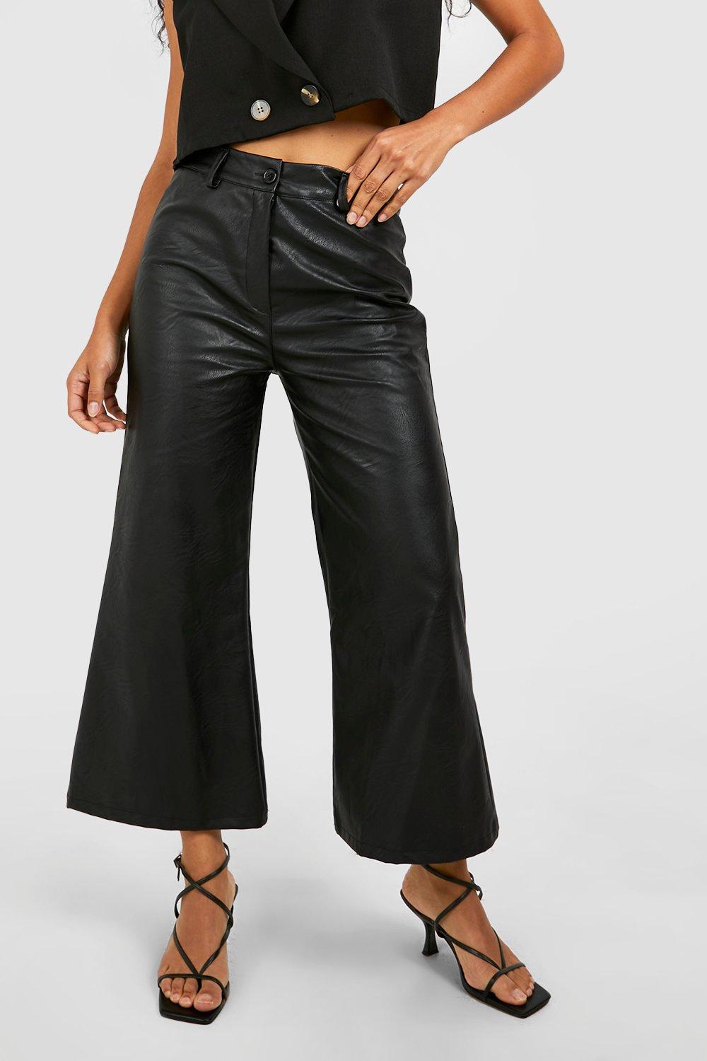 Leather Look Cropped Wide Leg Trousers | boohoo UK Leather Look Cropped Wide Leg Trousers | boohoo UK