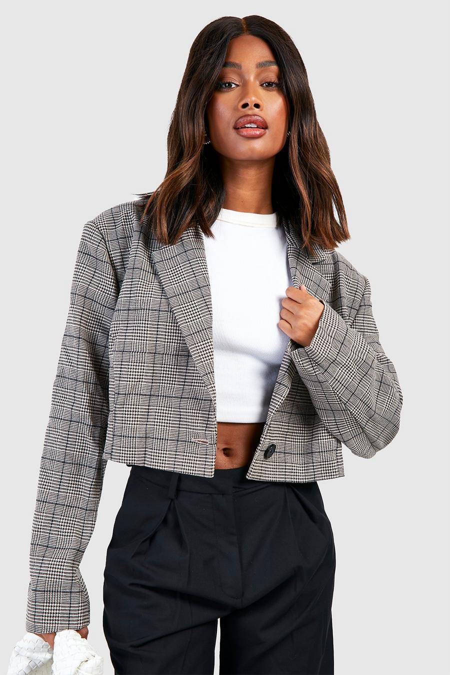 Heritage Check Boxy Cropped Blazer | boohoo Heritage Check Boxy Cropped Blazer | boohoo