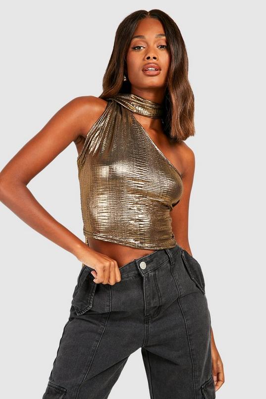 Gold Metallic One Shoulder Tie Neck Top | boohoo USA Gold Metallic One Shoulder Tie Neck Top | boohoo USA