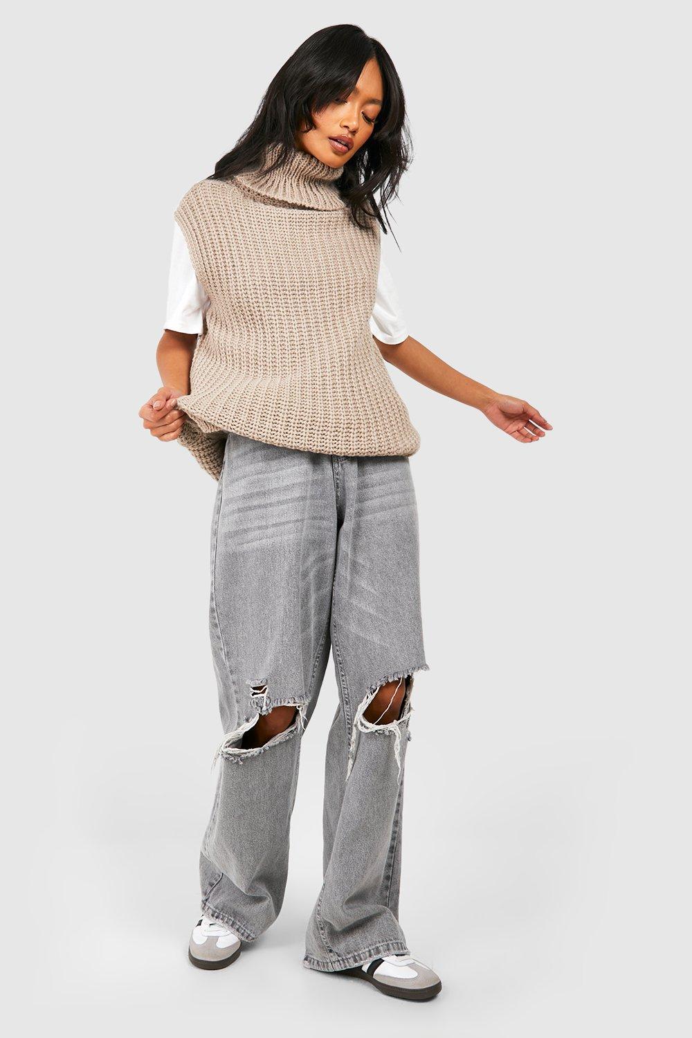 Oversized Chunky Knit Turtleneck Sleeveless Tank Top Oversized Chunky Knit Turtleneck Sleeveless Tank Top