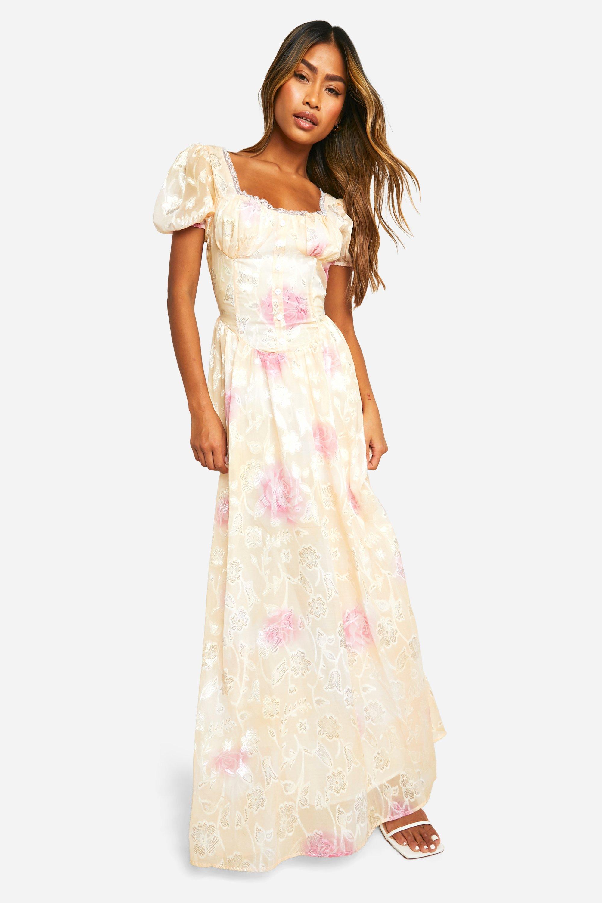 Floral Jacquard Puff Sleeve Milkmaid Maxi Dress | boohoo USA Floral Jacquard Puff Sleeve Milkmaid Maxi Dress | boohoo USA
