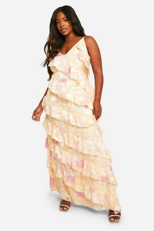 Plus Floral Jacquard Ruffle Maxi Dress | boohoo USA Plus Floral Jacquard Ruffle Maxi Dress | boohoo USA