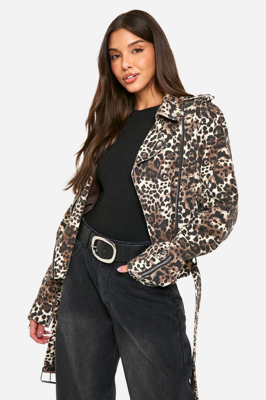 Leopard Print Denim Moto Jacket | boohoo USA Leopard Print Denim Moto Jacket | boohoo USA