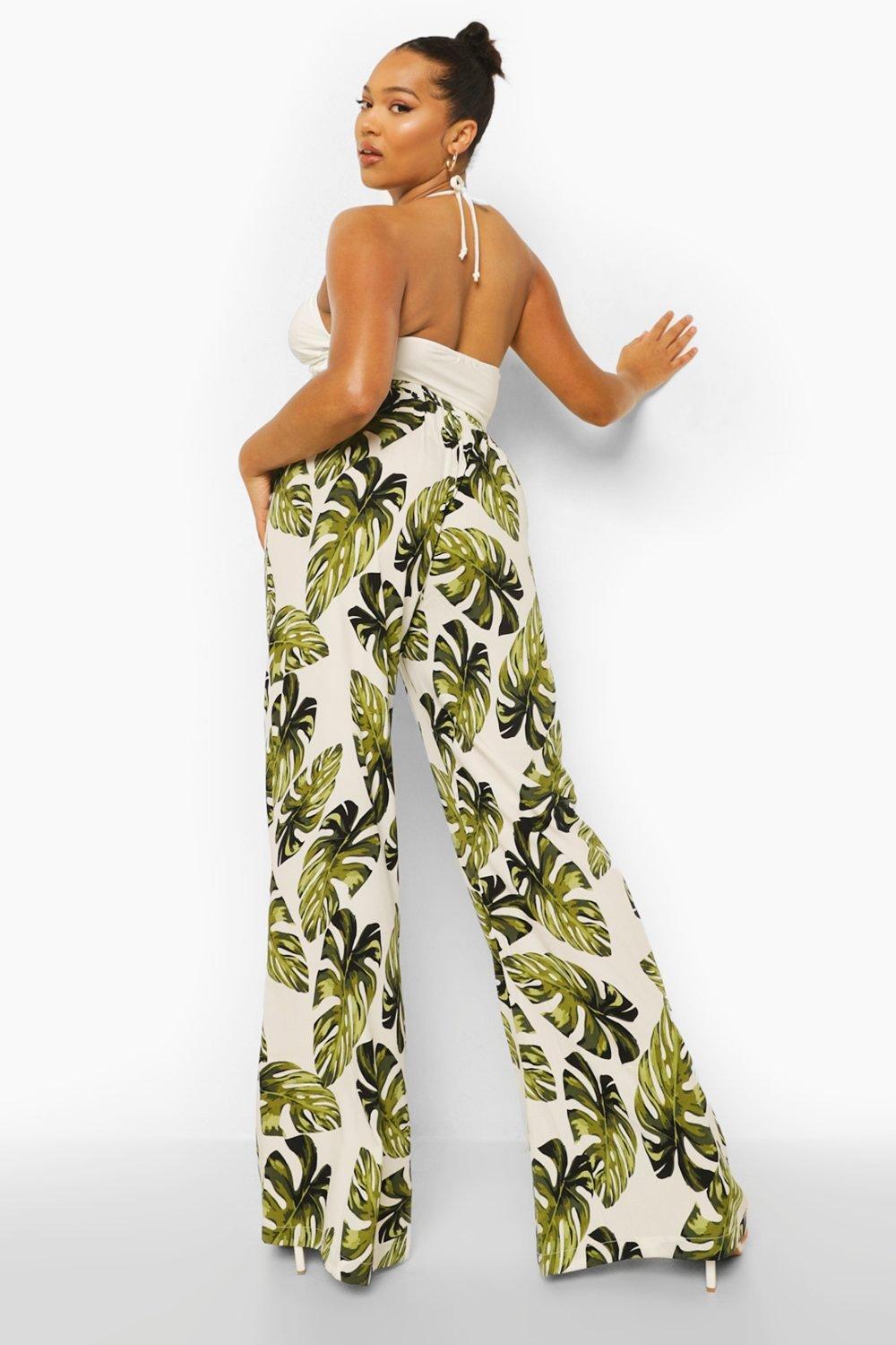 Plus Palm Print Wide Leg Trousers | boohoo Plus Palm Print Wide Leg Trousers | boohoo