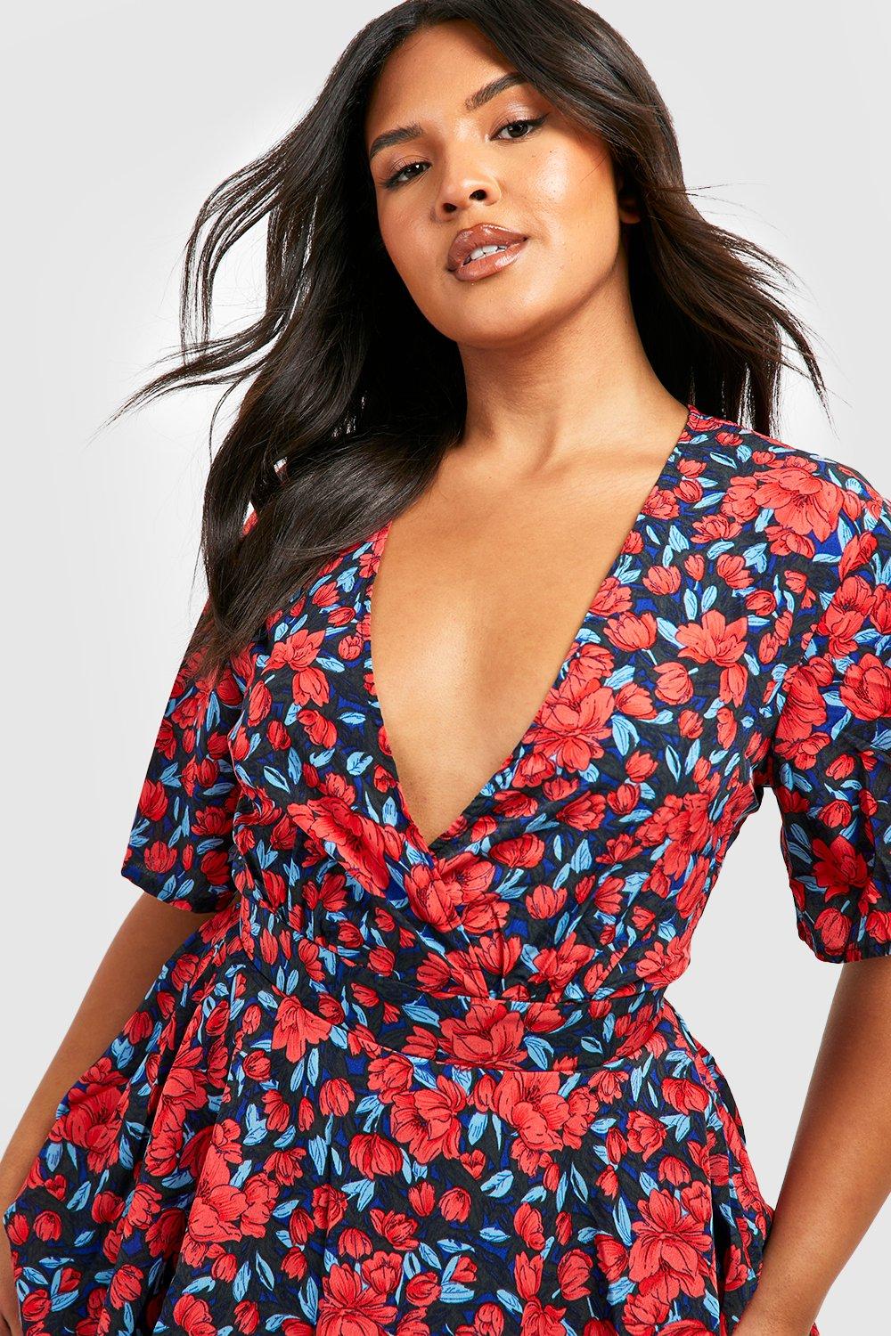 Plus Floral Wrap Skort Romper | boohoo USA Plus Floral Wrap Skort Romper | boohoo USA